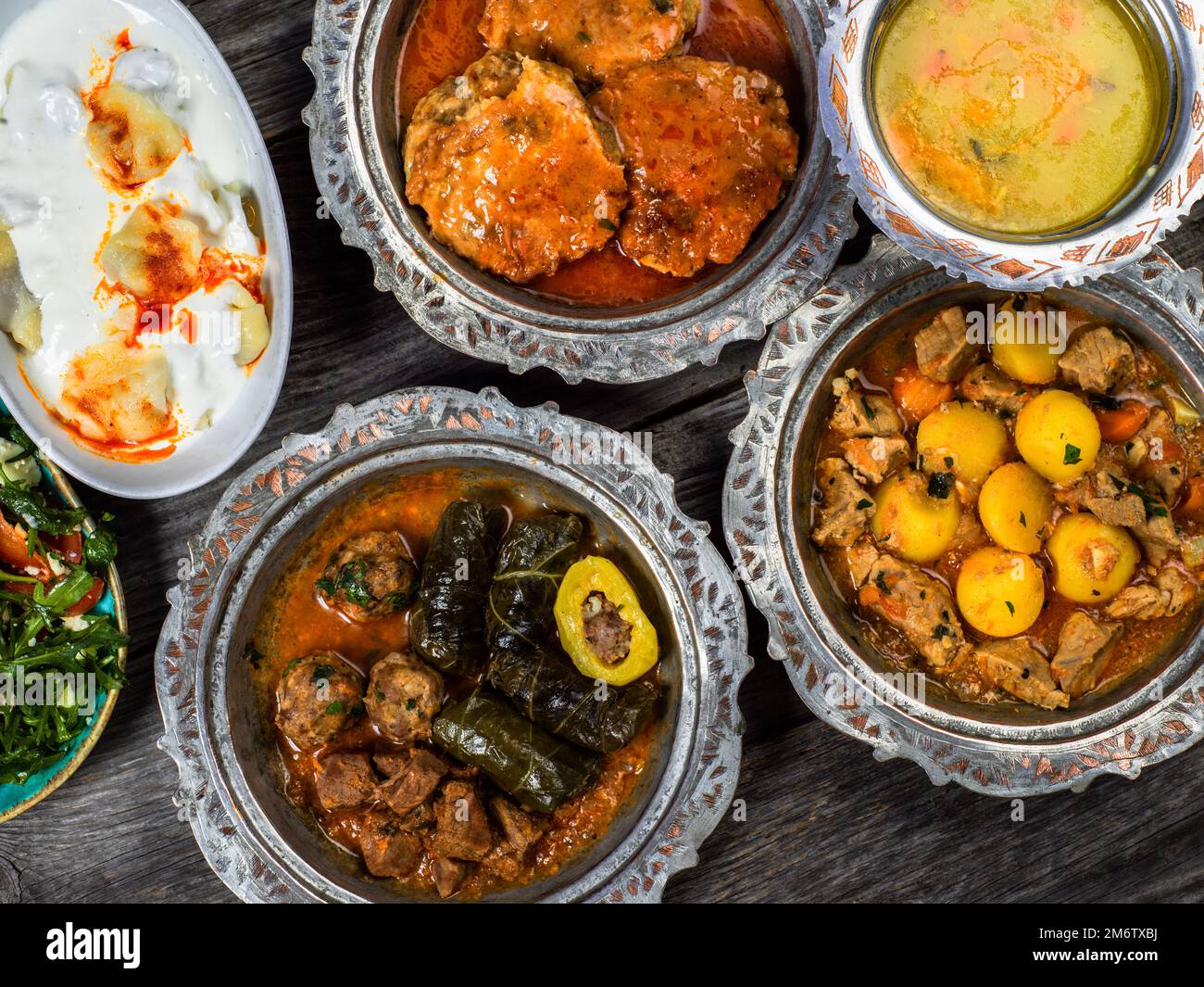 Eid Mubarak Traditional Ramadan Iftar dinner. Assorted tasty food in ...