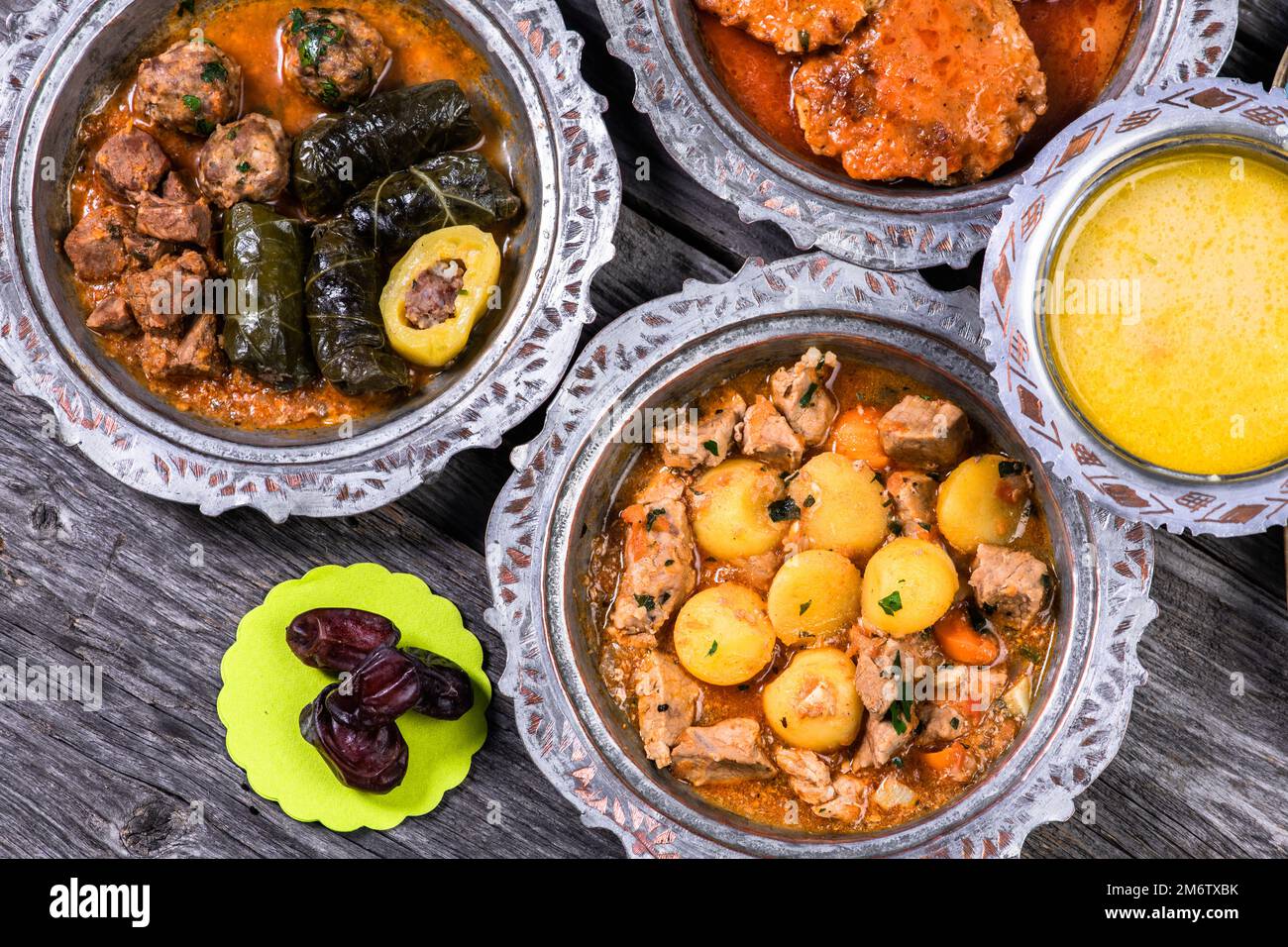 Eid Mubarak Traditional Ramadan Iftar dinner. Assorted tasty food in ...