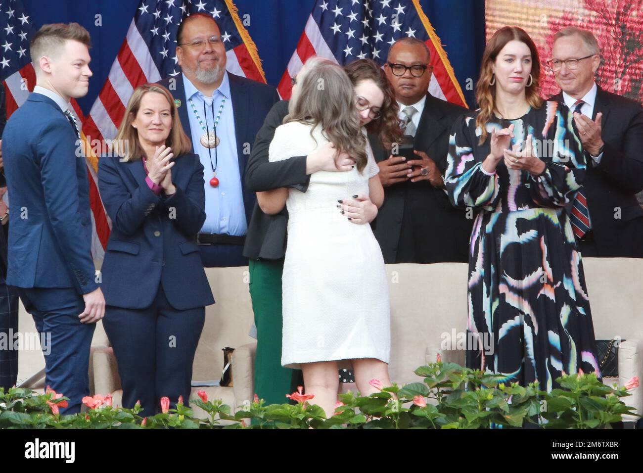 Phoenix, Arizona on January 5, 2022. Governor-Elect Katie Hobbs hugs her family after being ...