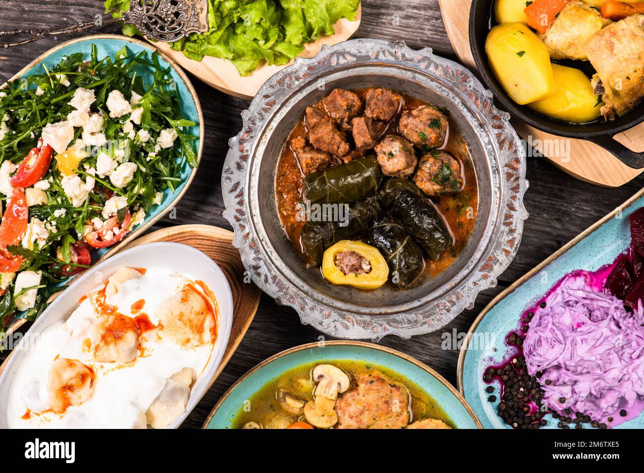 Eid Mubarak Traditional Ramadan Iftar dinner. Assorted tasty food in ...