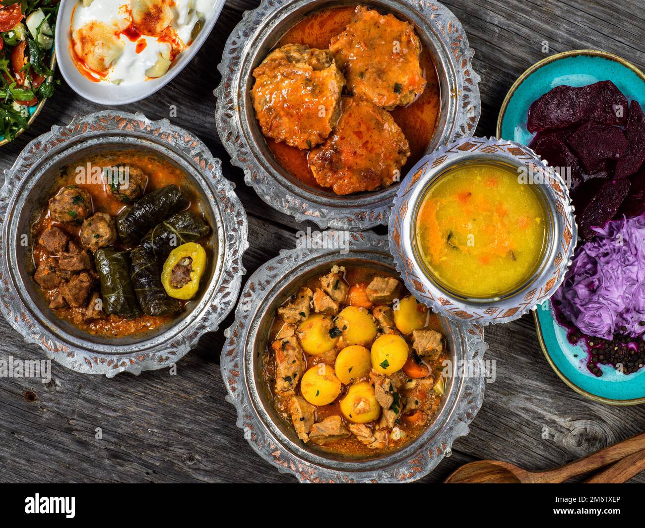 Eid Mubarak Traditional Ramadan Iftar dinner. Assorted tasty food in ...