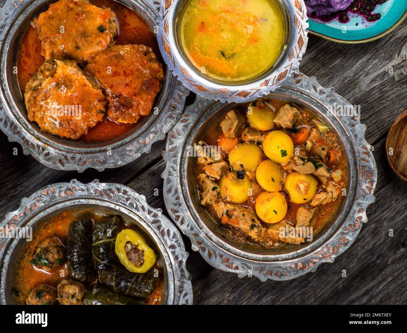 Eid Mubarak Traditional Ramadan Iftar dinner. Assorted tasty food in ...