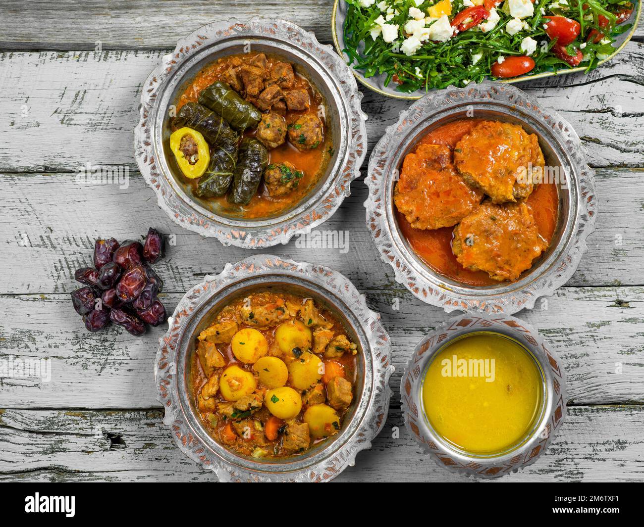 Eid Mubarak Traditional Ramadan Iftar dinner. Assorted tasty food in ...