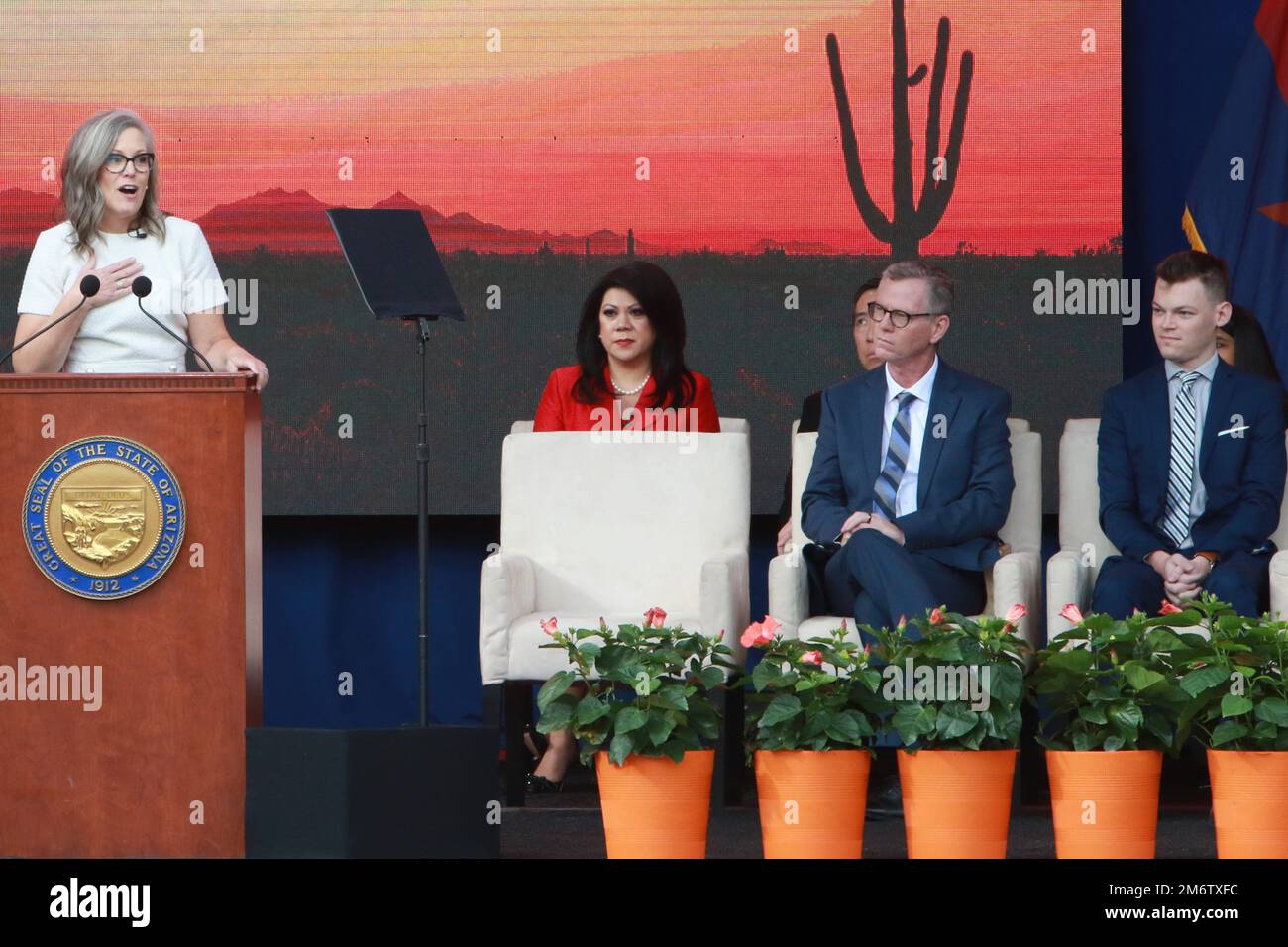 Phoenix, Arizona on January 5, 2022. Governor-Elect Katie Hobbs makes remarks after being sworn ...
