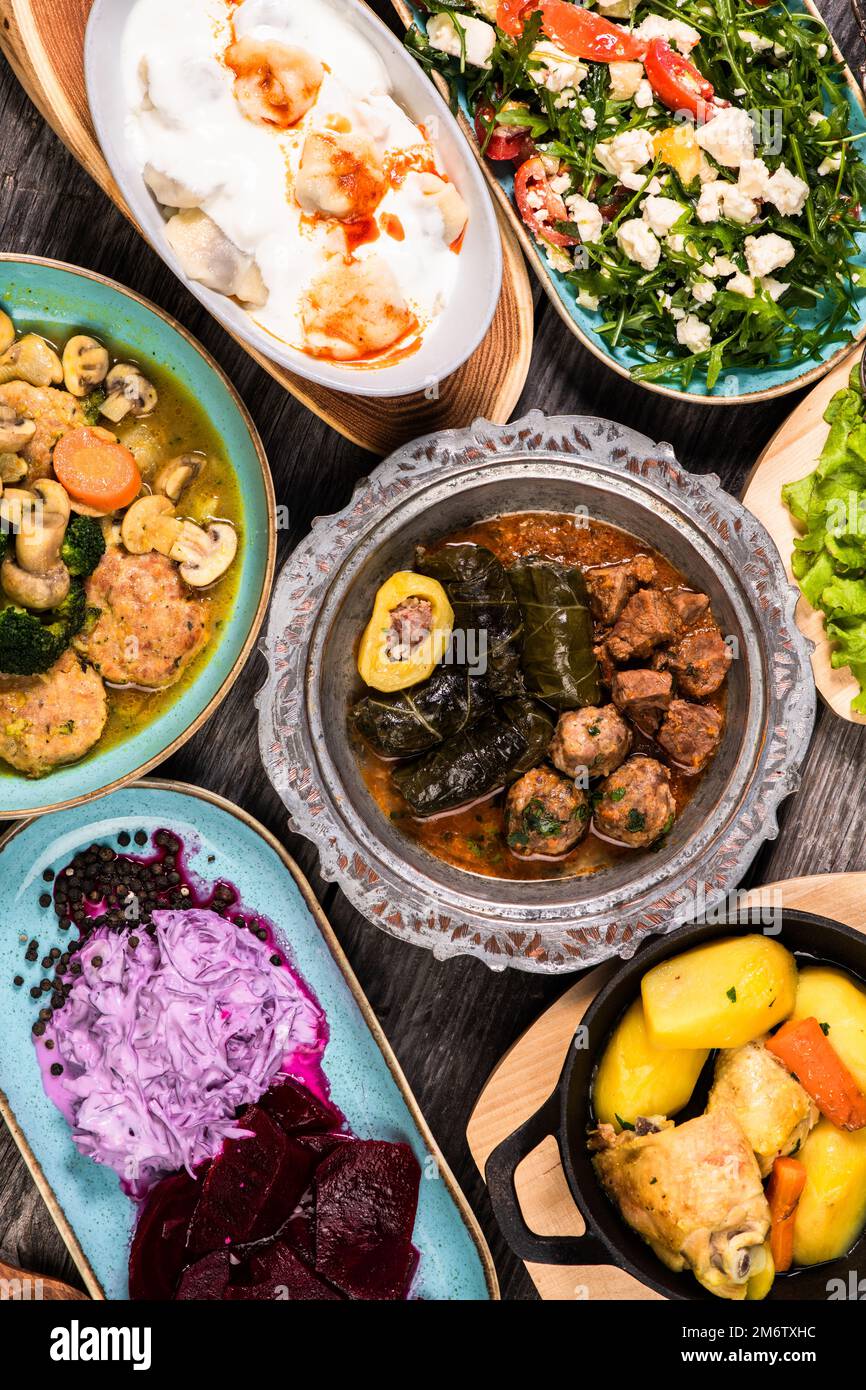 Eid Mubarak Traditional Ramadan Iftar dinner. Assorted tasty food in ...