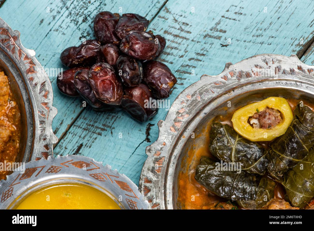 Eid Mubarak Traditional Ramadan Iftar dinner. Assorted tasty food in ...