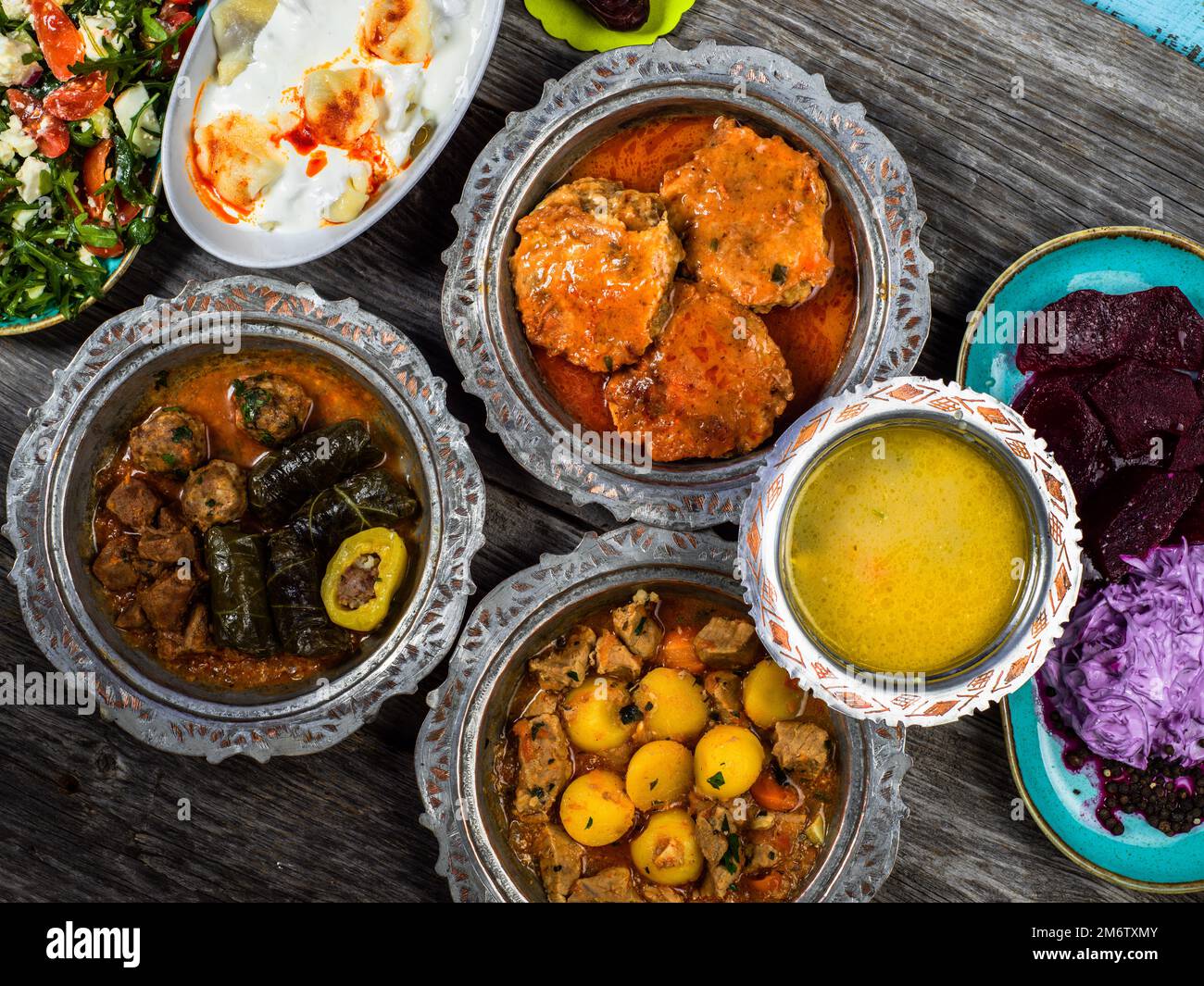 Eid Mubarak Traditional Ramadan Iftar dinner. Assorted tasty food in ...
