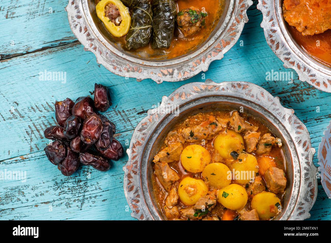 Eid Mubarak Traditional Ramadan Iftar dinner. Assorted tasty food in ...