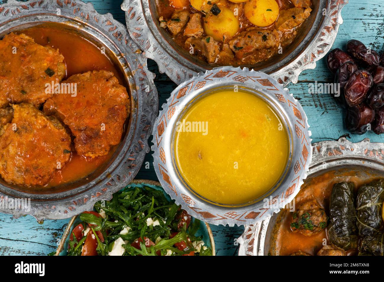 Eid Mubarak Traditional Ramadan Iftar dinner. Assorted tasty food in ...