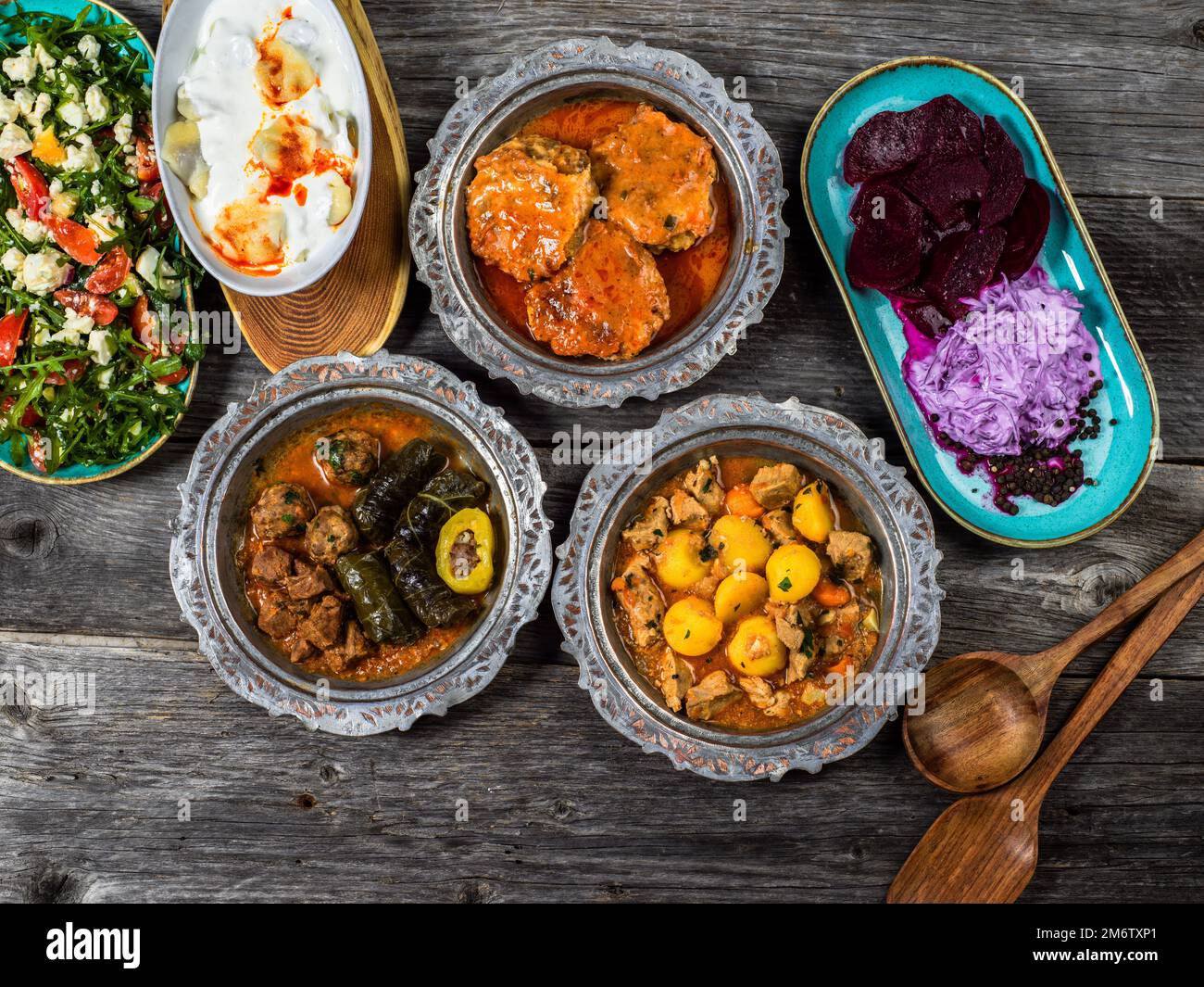 Eid Mubarak Traditional Ramadan Iftar dinner. Assorted tasty food in ...
