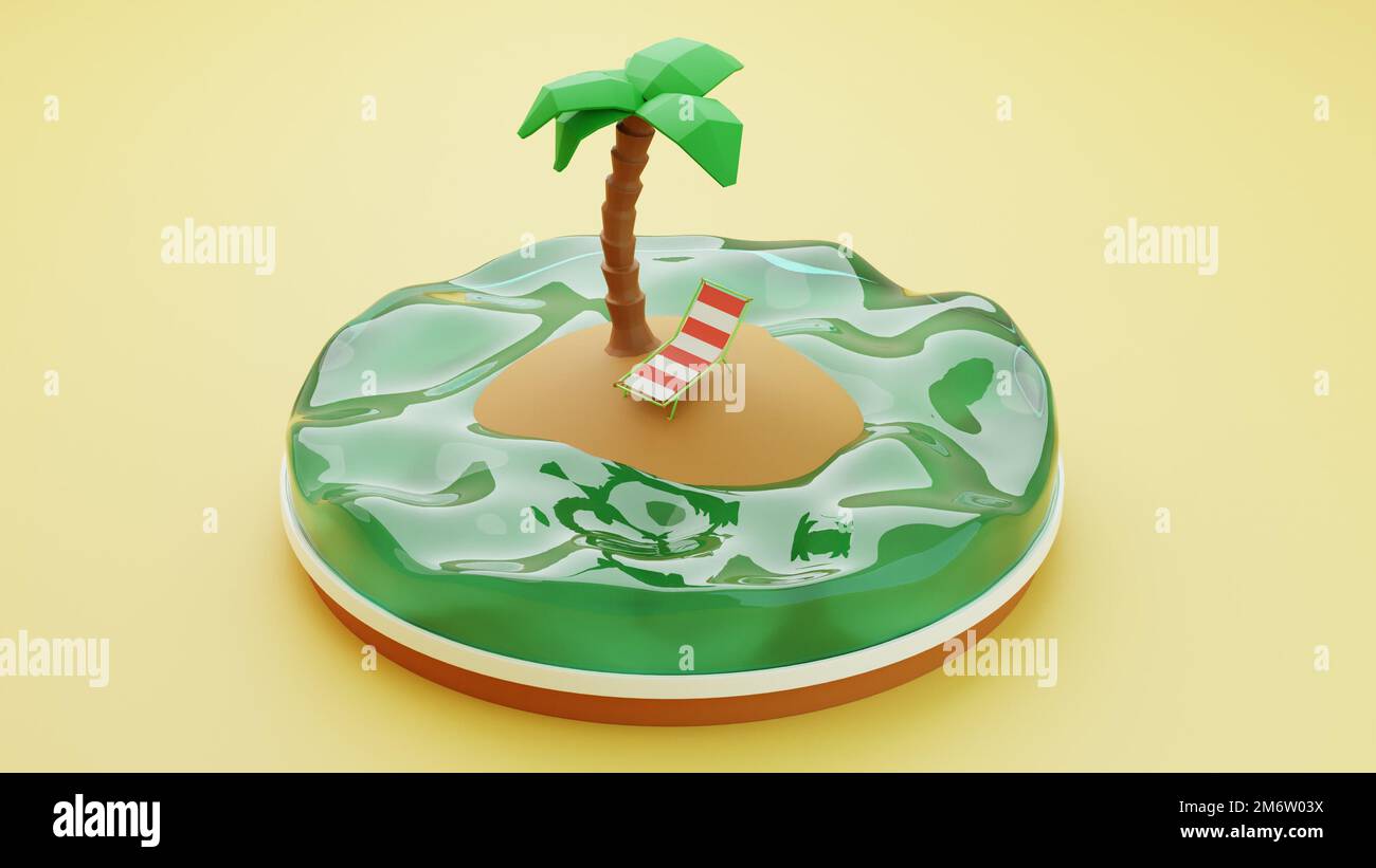 3D rendered stylized small tropical island with palm and sunbed. 3D ...