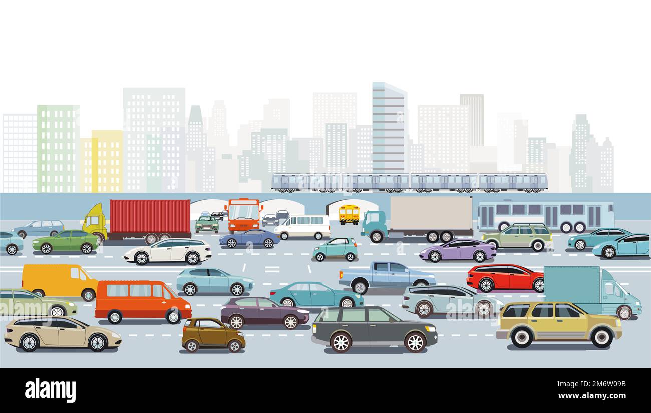 Cars on the crossroads in traffic jam in big city illustration Stock ...