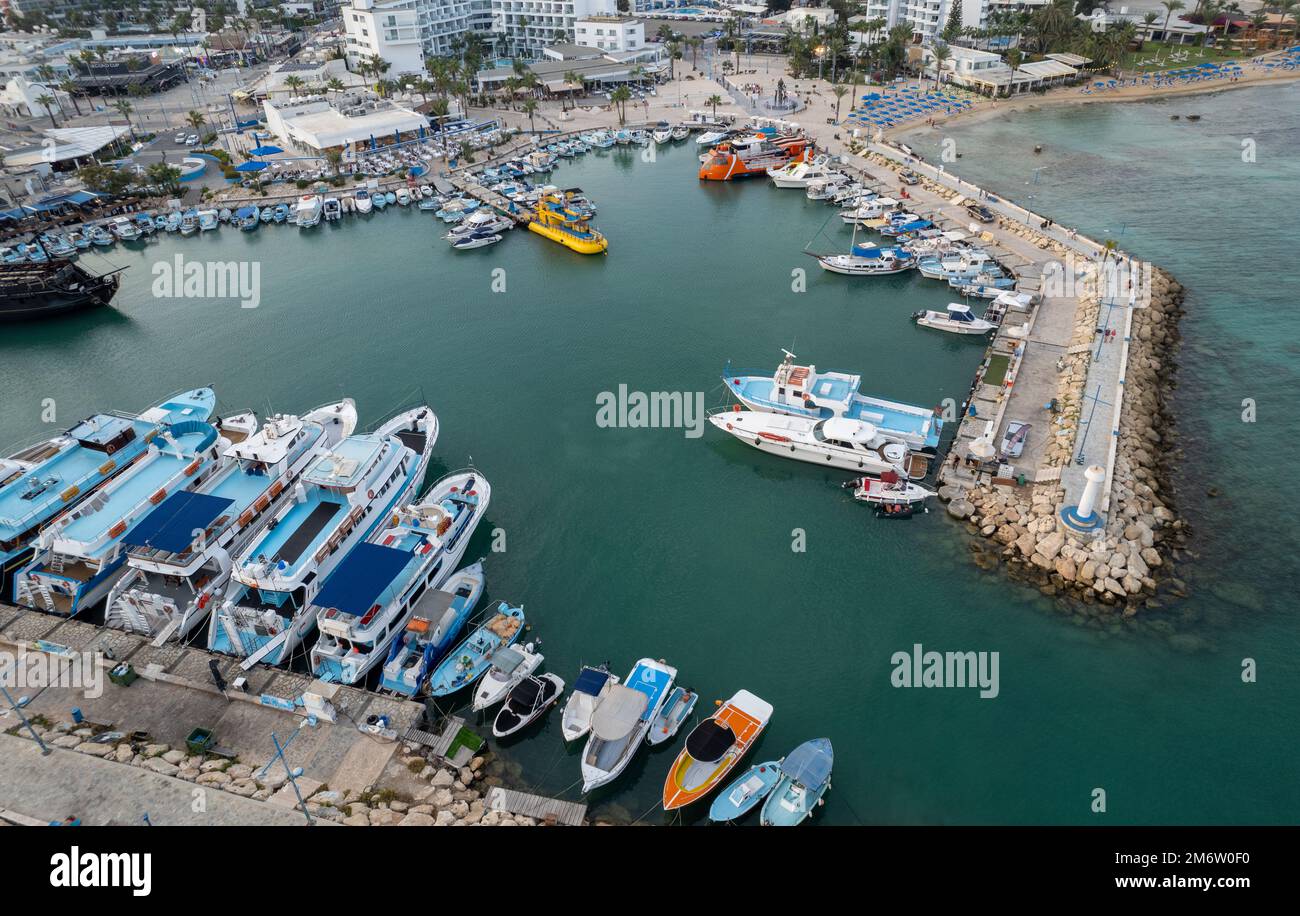 Aerial view of boats and yachts moored in a marina. Drone view from ...