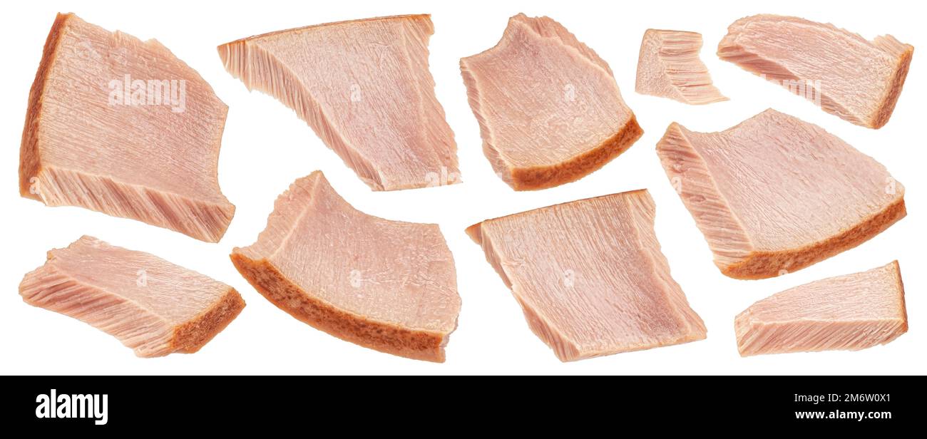 Canned tuna fish pieces isolated on white background Stock Photo - Alamy