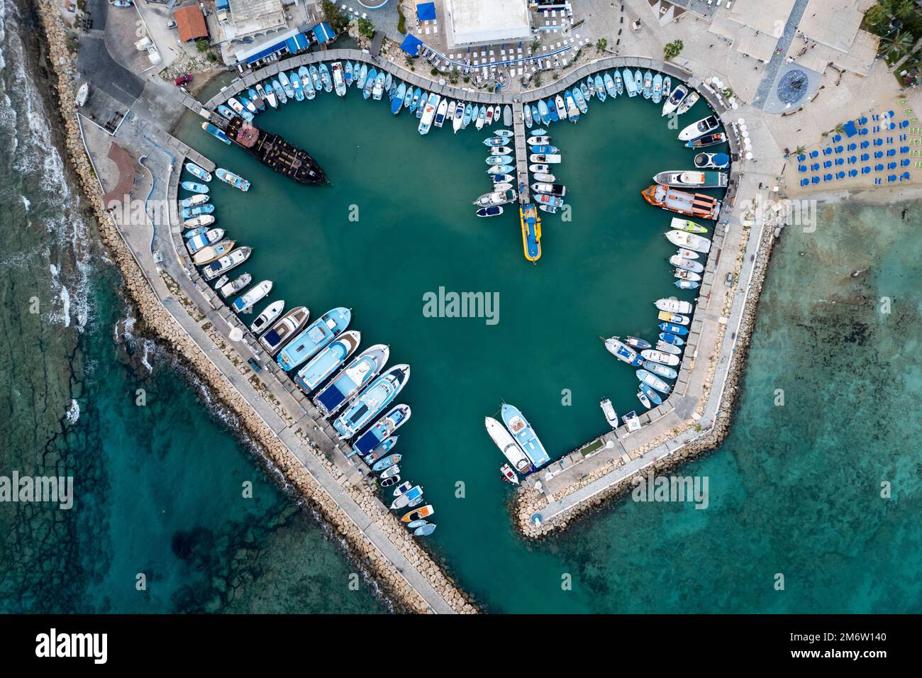 Aerial view of boats and yachts moored in a marina. Drone view from ...
