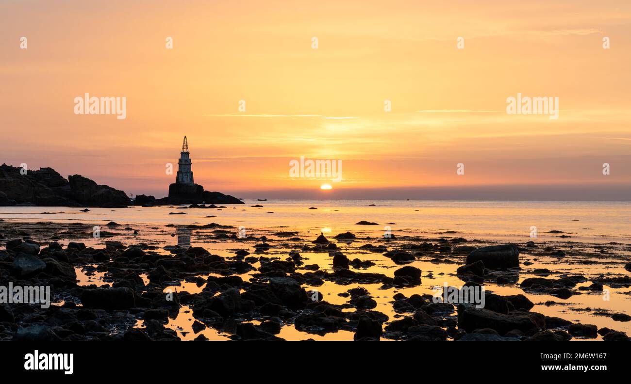 Sunrise on the Bulgarian Black Sea coast in Athopol with the harbor ...