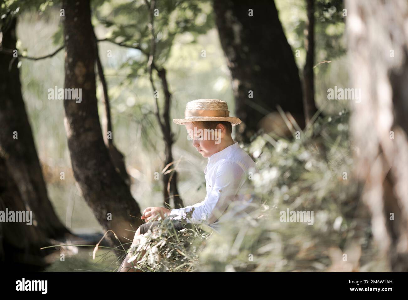 Portrait of the blode hair boy in straw hat with blurred summer ...