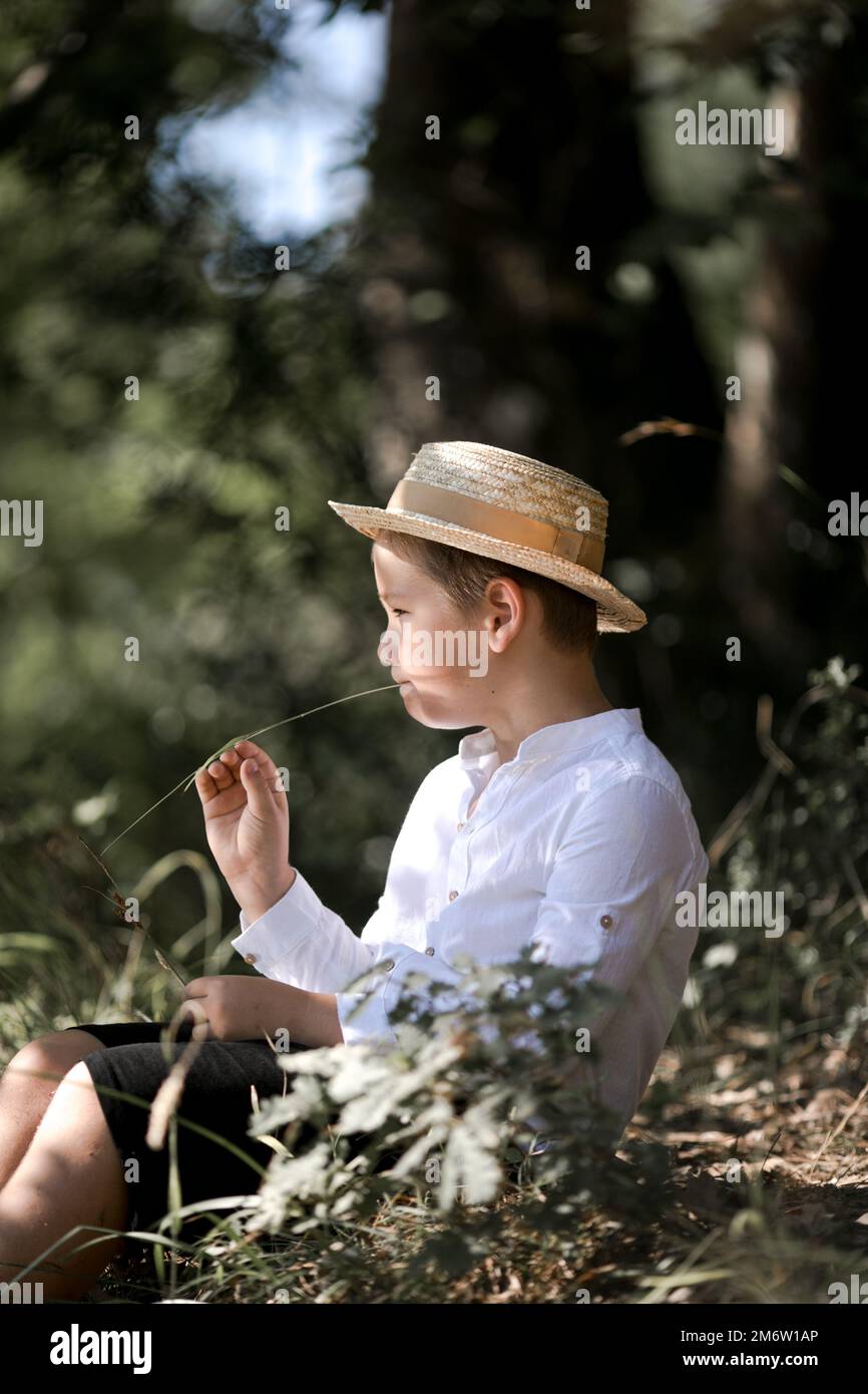 Portrait of the blode hair boy in straw hat with blurred summer ...