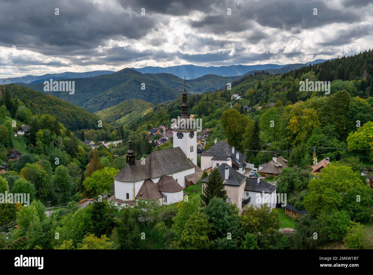 View of the village and Roman Catholic church in Spania Dolina with ...