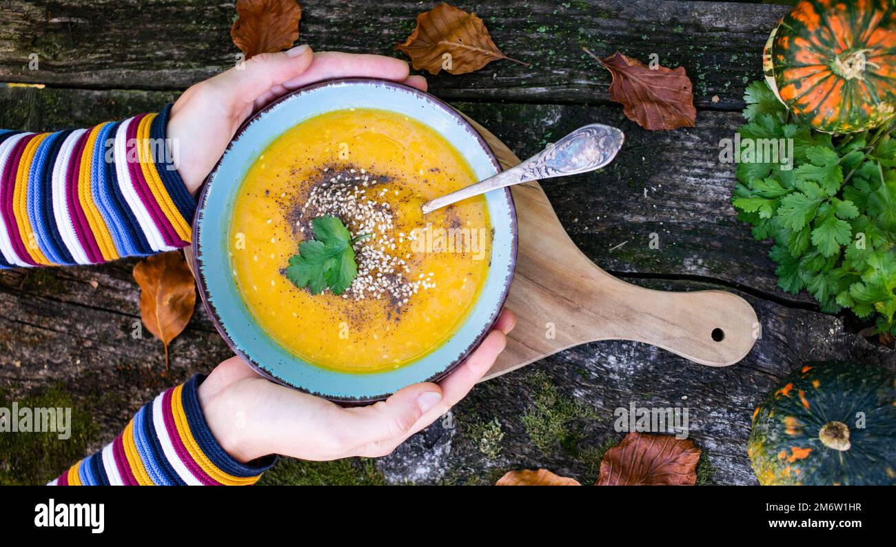 Pumpkin soup on wooden table autumn dish Stock Photo - Alamy