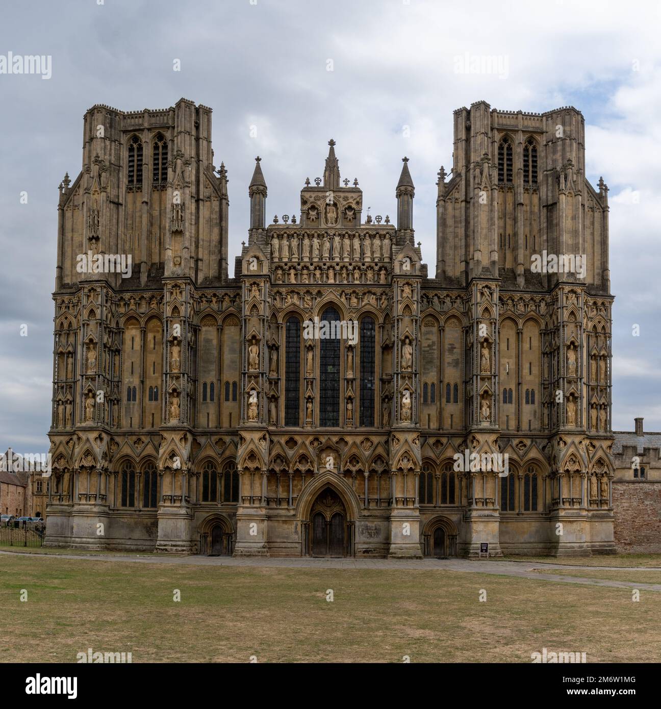 View of the two spires and front of the 12th-centruy Gothic Wells ...