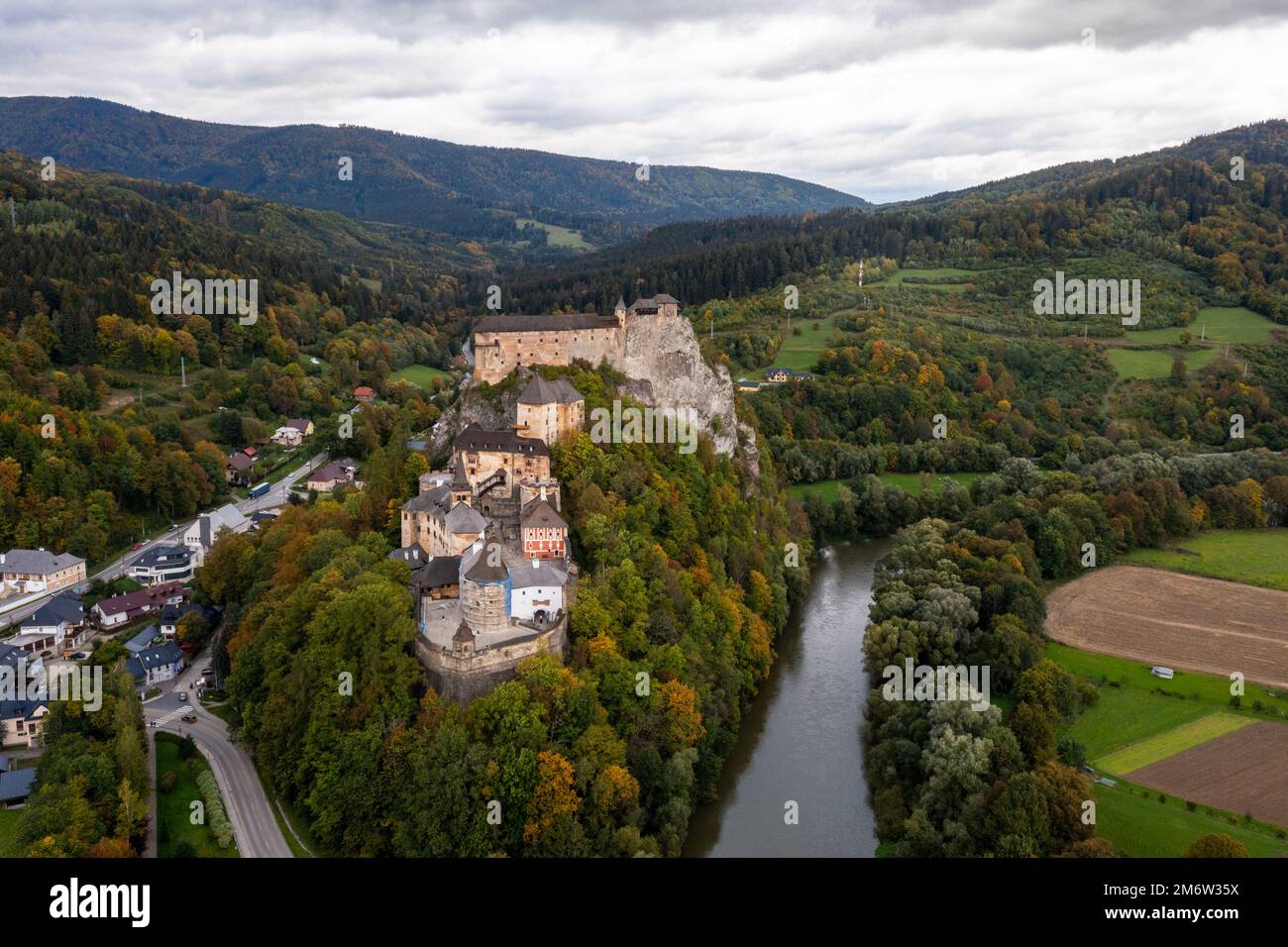 Landscape of Orava Castle and the village of Oravksy Podzamok in late ...