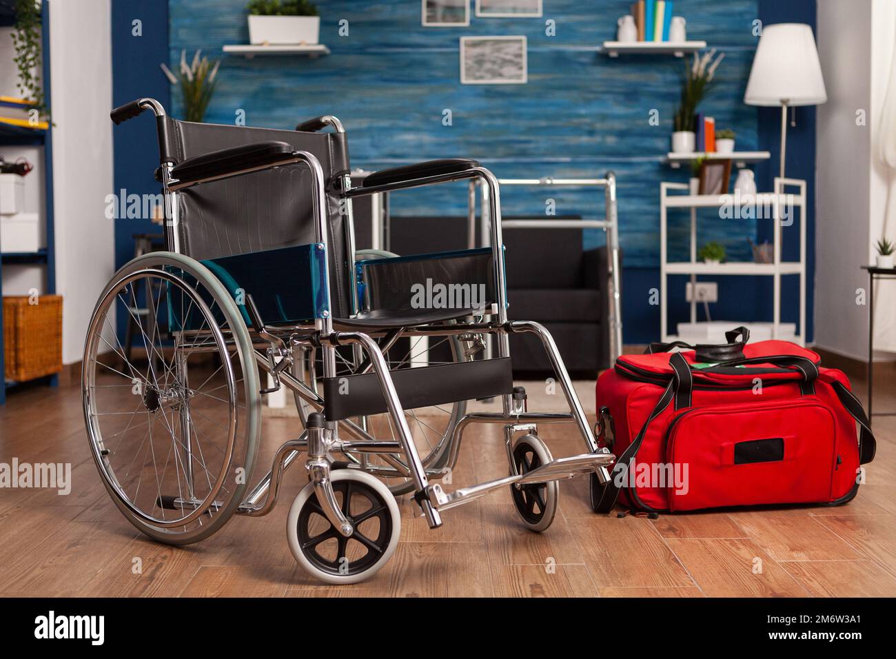 Wheelchair in an empty room in a rehabilitation center for people with ...