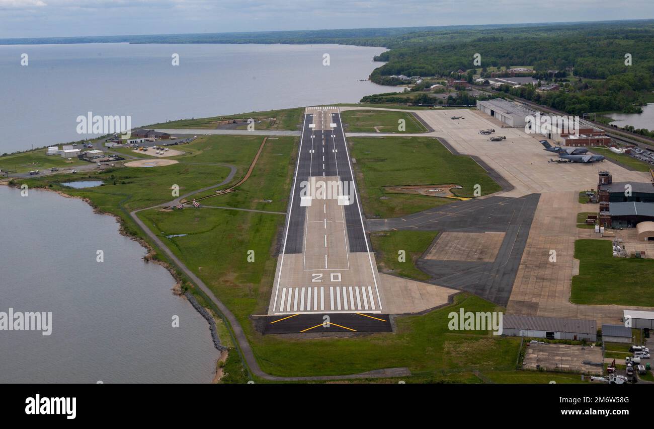 An aerial view of the renovated runway at Marine Corps Air Facility ...