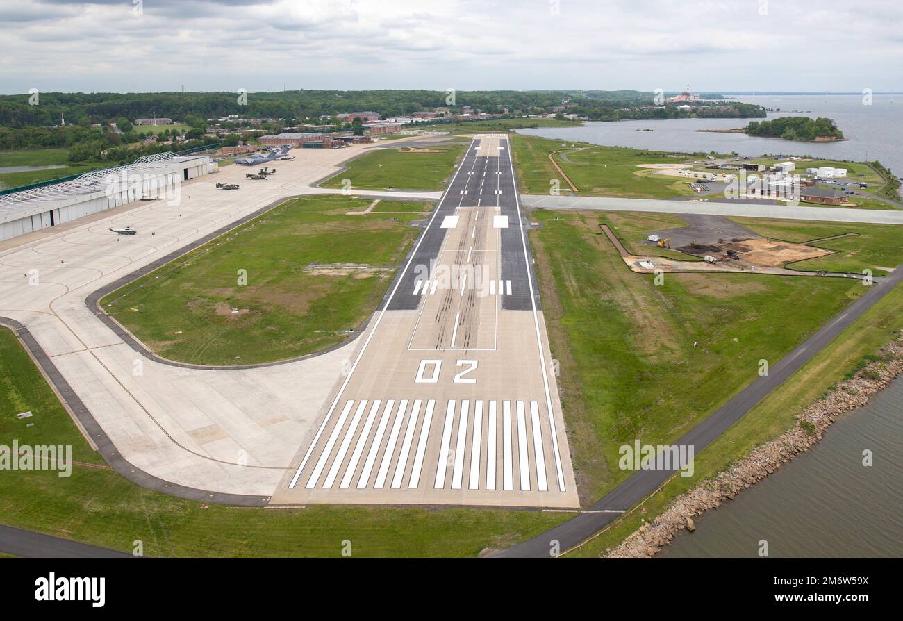 An aerial view of the renovated runway at Marine Corps Air Facility ...