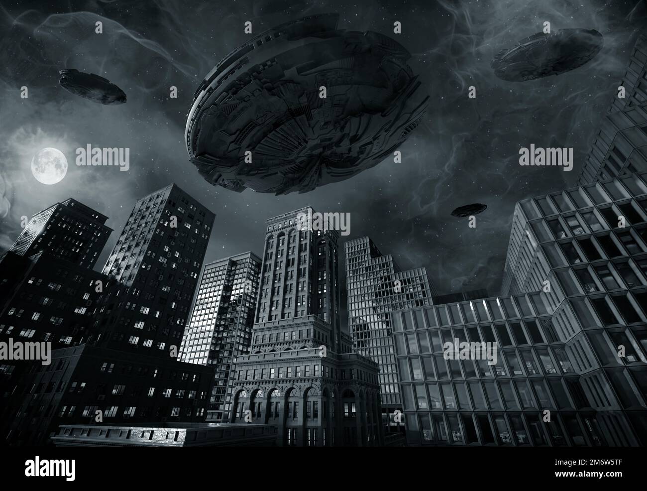 UFO flying over city, 3D illustration Stock Photo - Alamy