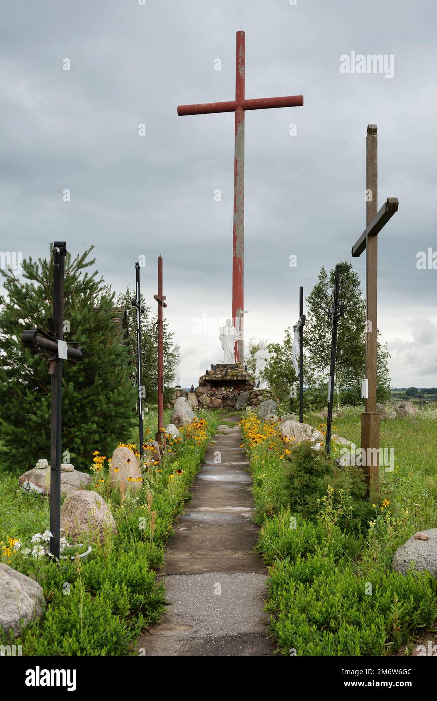 Park near catholic Church of St. Anne in the village of Mosar, Belarus ...