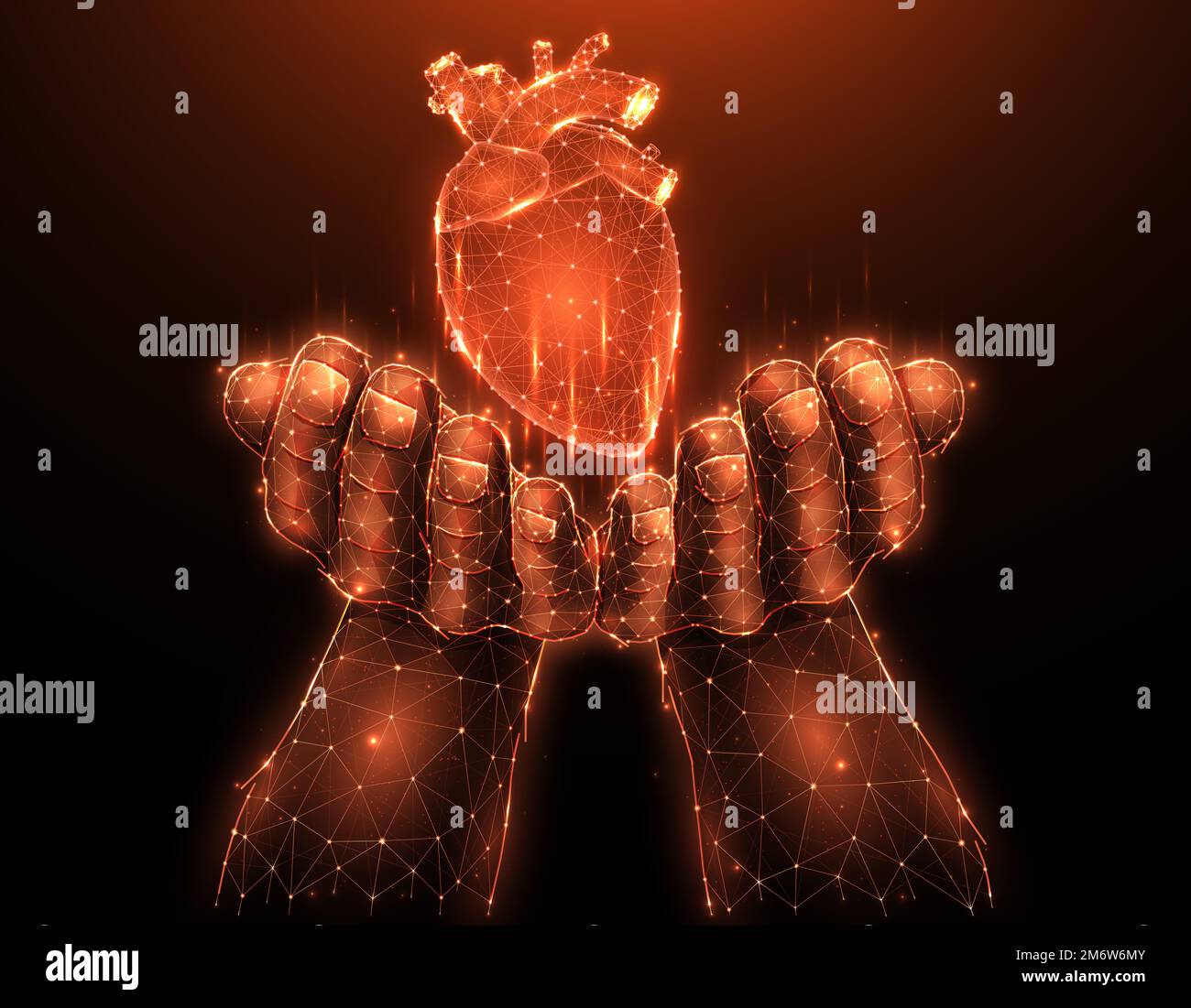 Heart donor. Polygonal vector illustration of a hand with a human heart ...