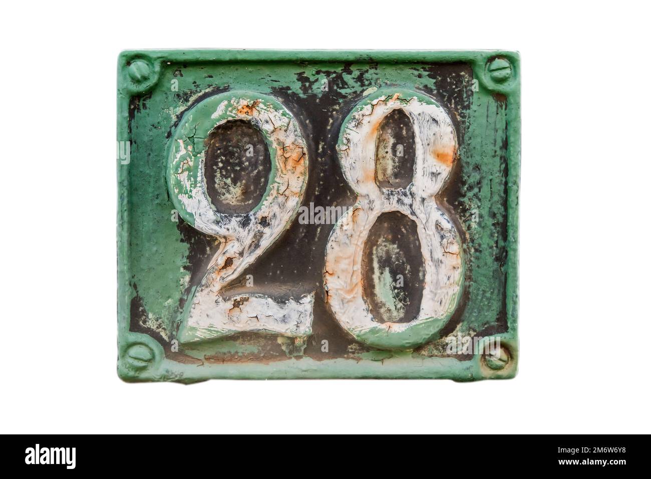 Old retro weathered cast iron plate with number 28 closeup isolated on ...