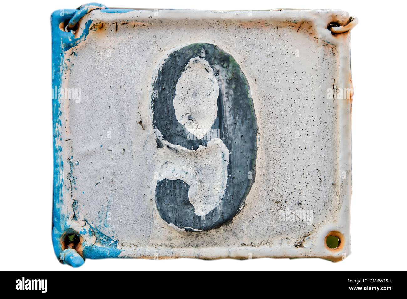 Old retro weathered cast iron plate with number 9 closeup isolated on ...