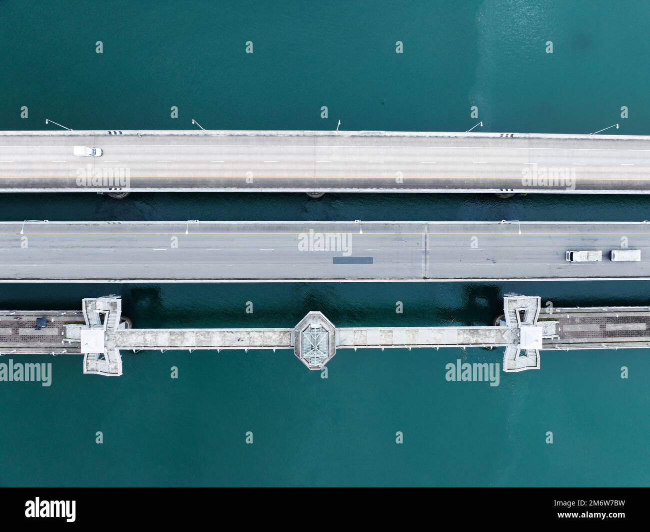 Aerial top view drone shot of bridge with cars on bridge road image ...