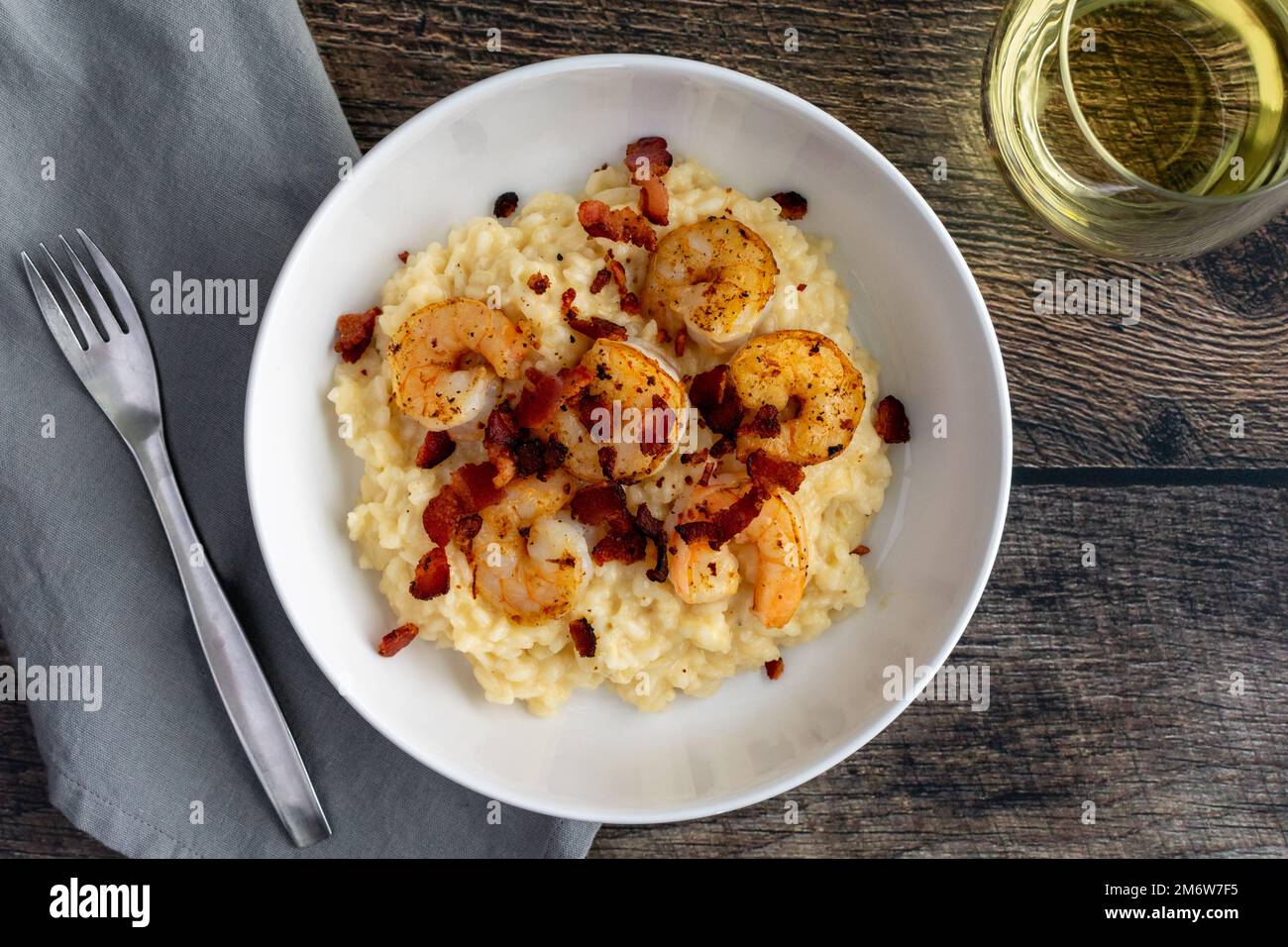 Creamy Shrimp Risotto with Bacon With a Glass of White Wine From Above ...