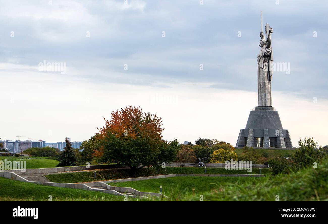 The famous statue of the Motherland against the blue sky. Sights and ...