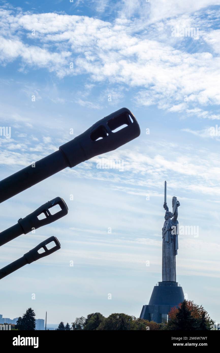 The famous statue of the Motherland against the blue sky. Sights and ...