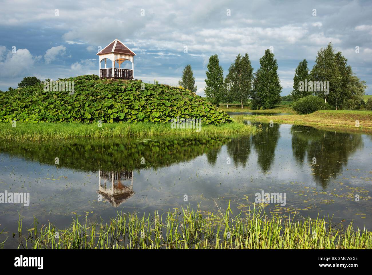 Park near catholic Church of St. Anne in the village of Mosar, Belarus ...