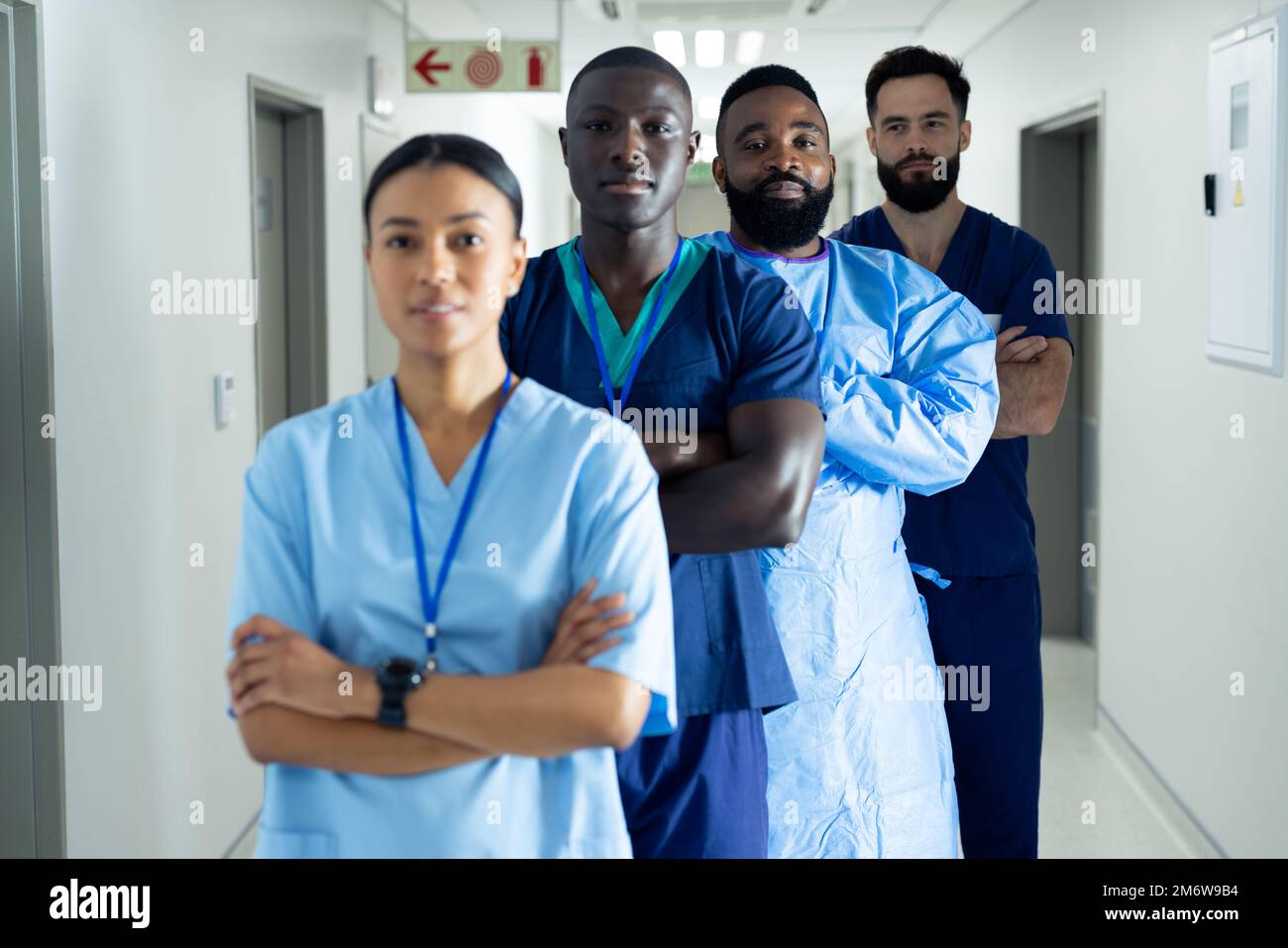 Portrait of diverse group of healthcare workers standing in line in ...