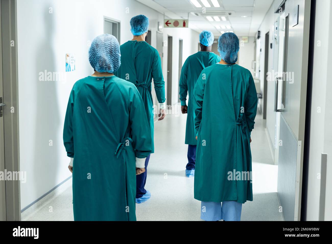 Rear view of four surgeons in surgical caps and gowns walking in ...