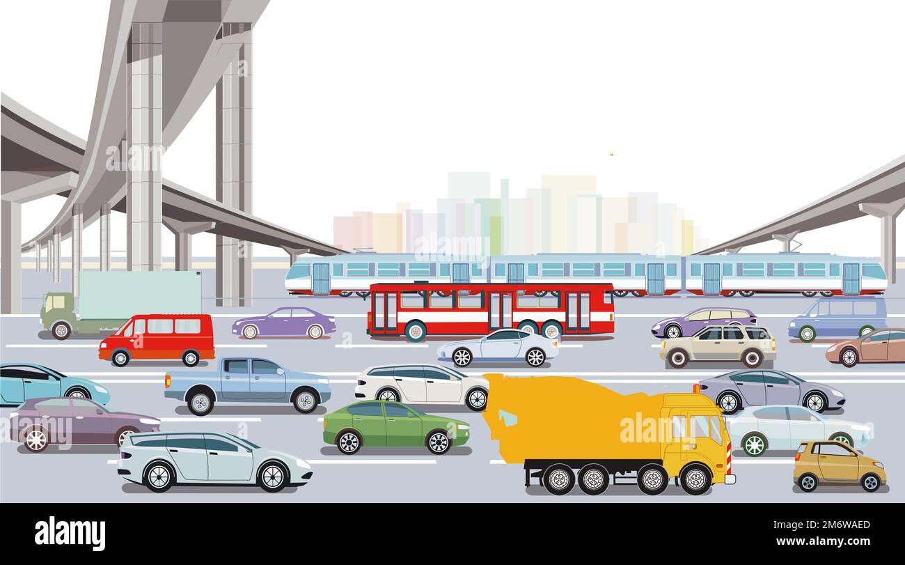 Motorway with express train, bus and passenger car, Illustration Stock ...