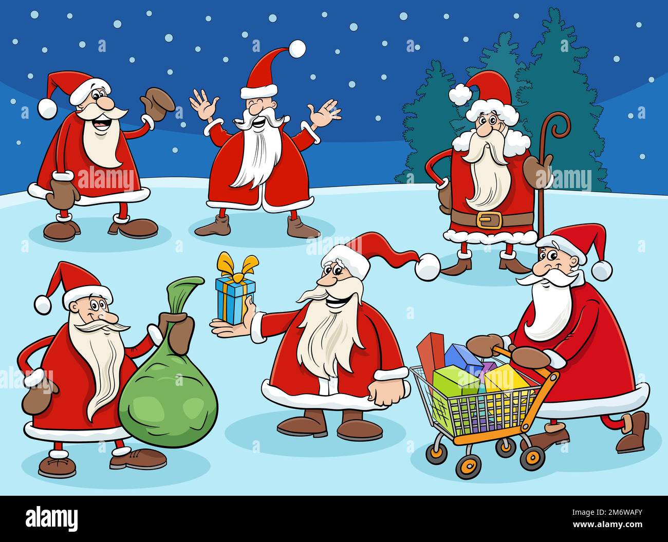 Cartoon Santa Clauses characters group on Christmas time Stock Photo ...