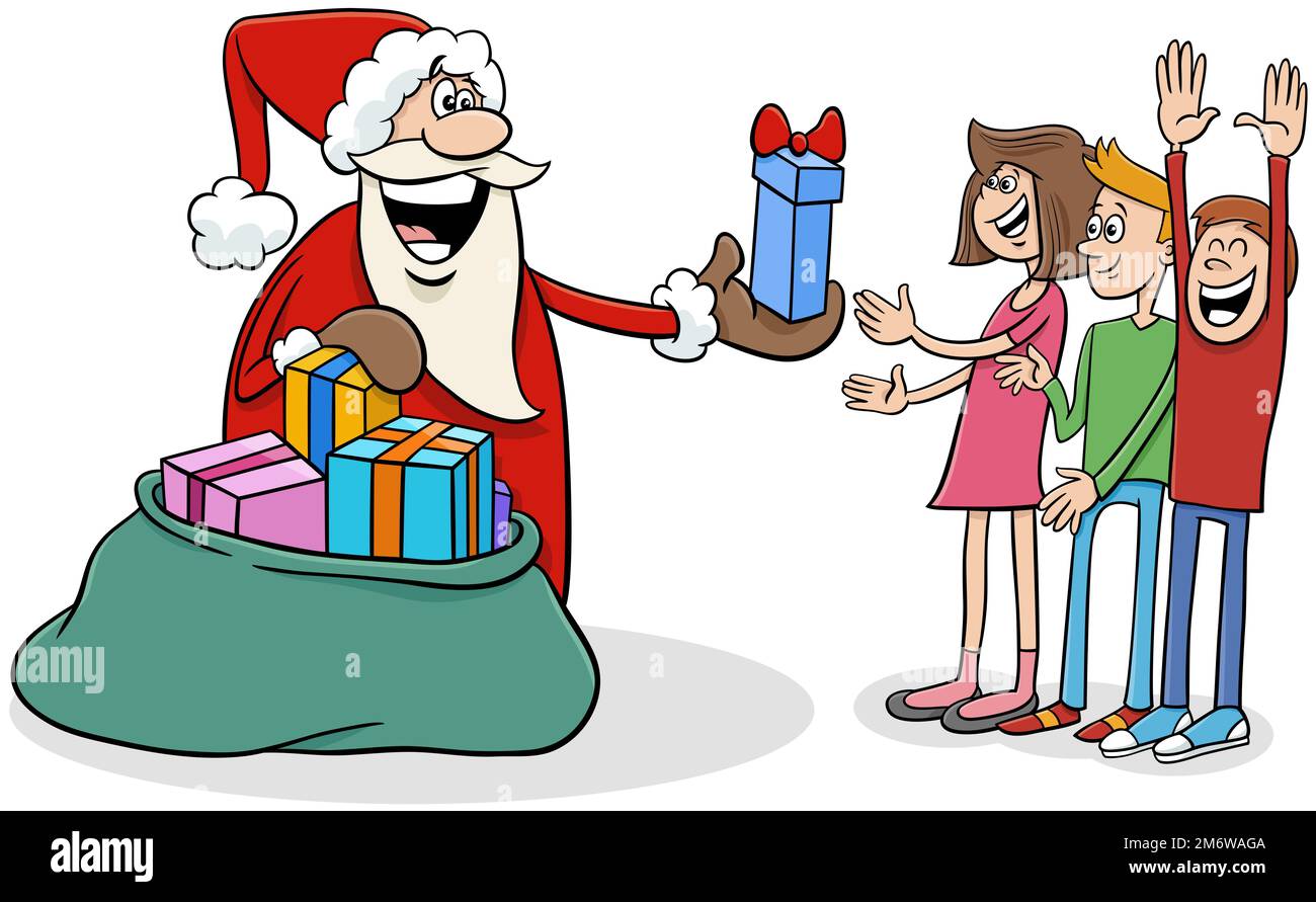 Cartoon Santa Claus with sack of Christmas presents and kids Stock ...