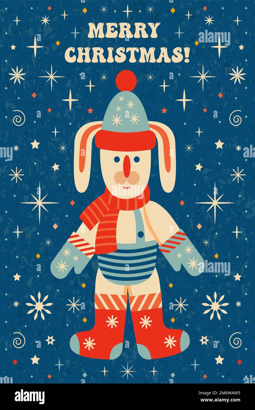Retro vintage Christmas card with Rabbit. illustration in retro style ...