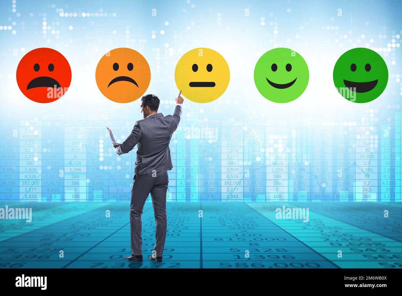 Illustration of customer feedback with faces and businessman Stock ...