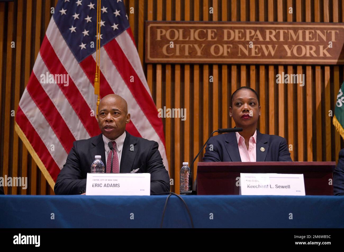 New York, USA. 05th Jan, 2023. NYPD Commissioner Keechant L. Sewell (r) listens as New York City ...