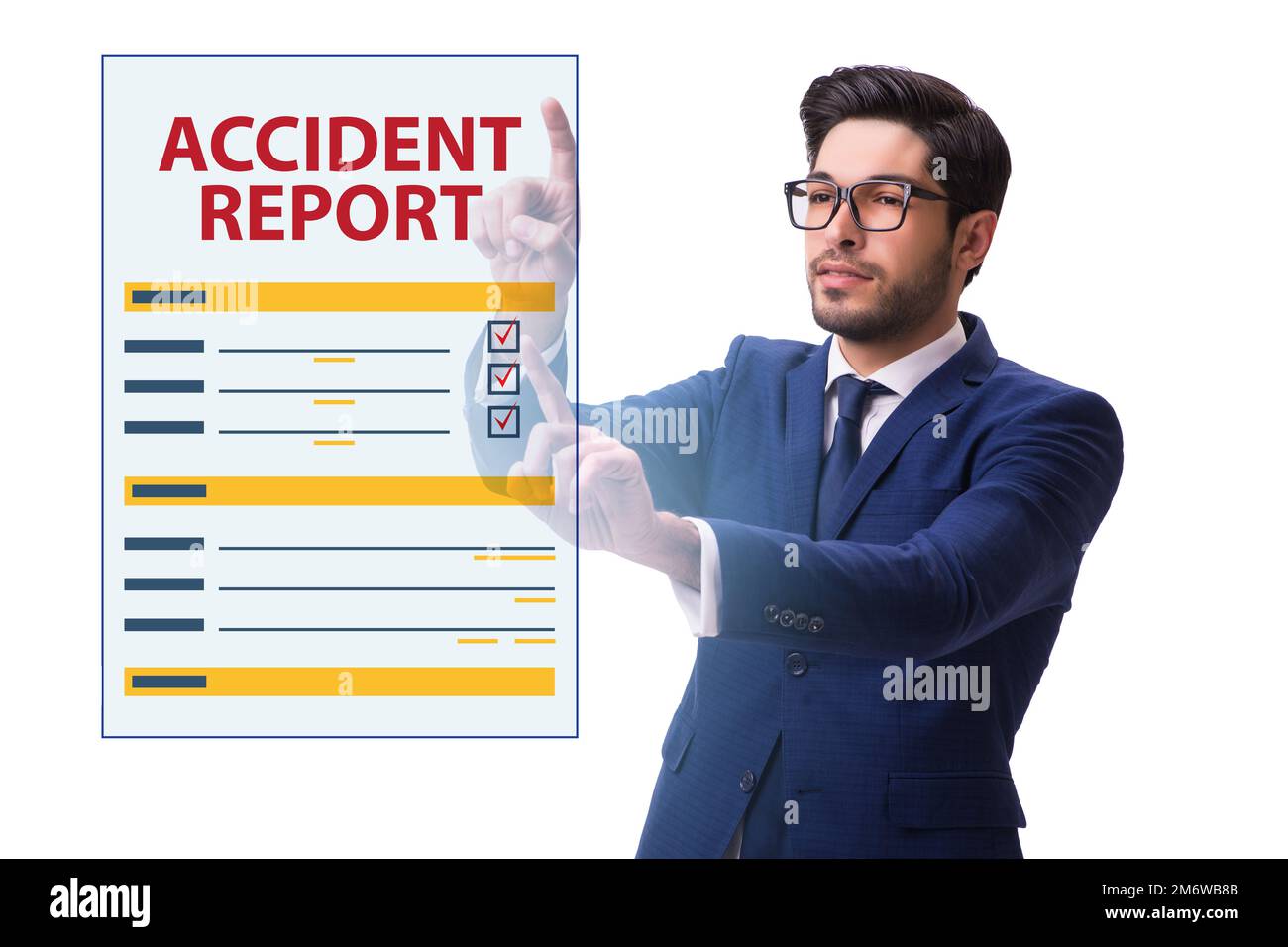 Businessman pressing buttons on virtual accident report Stock Photo - Alamy