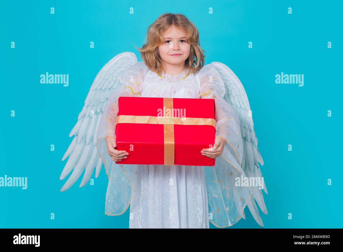 Cute child angel with gift box present. Valentines day banner. Cute ...