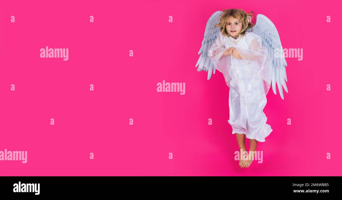 Angel child jump, kids jumping, full body in movement. Little cupid ...